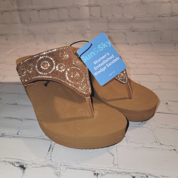 Sun&Sky | Shoes | Sun Sky Womens Embellished Wedge Sandles Brown Nwt ...